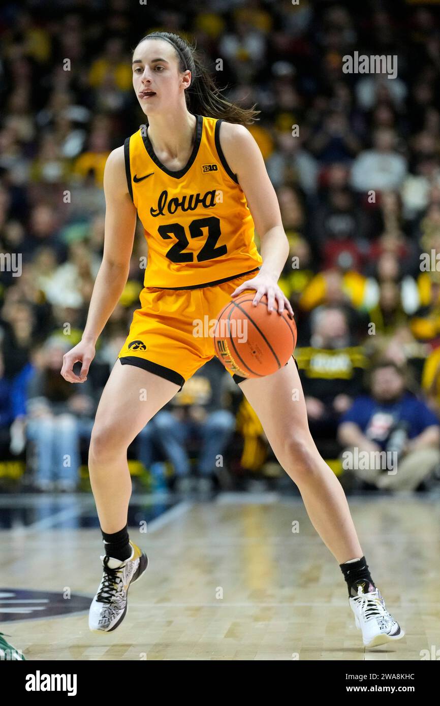 Iowa guard Caitlin Clark (22) drives up court during the first half of ...