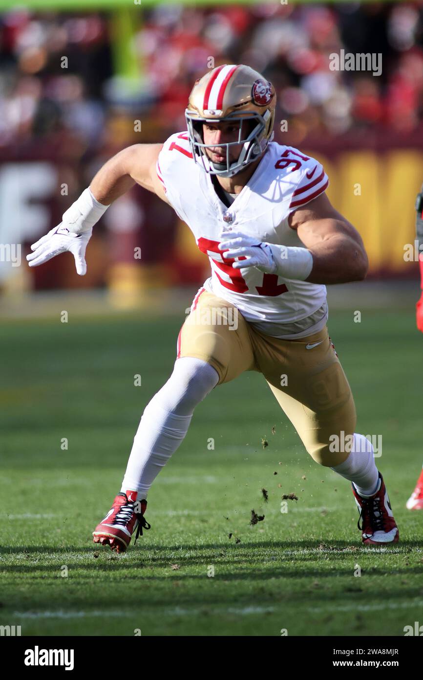 San Francisco 49ers defensive end Nick Bosa (97) runs during an NFL ...