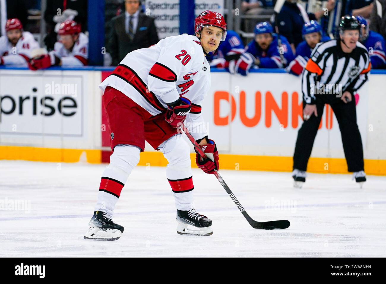 Carolina Hurricanes center Sebastian Aho (20) looks to pass the puck ...
