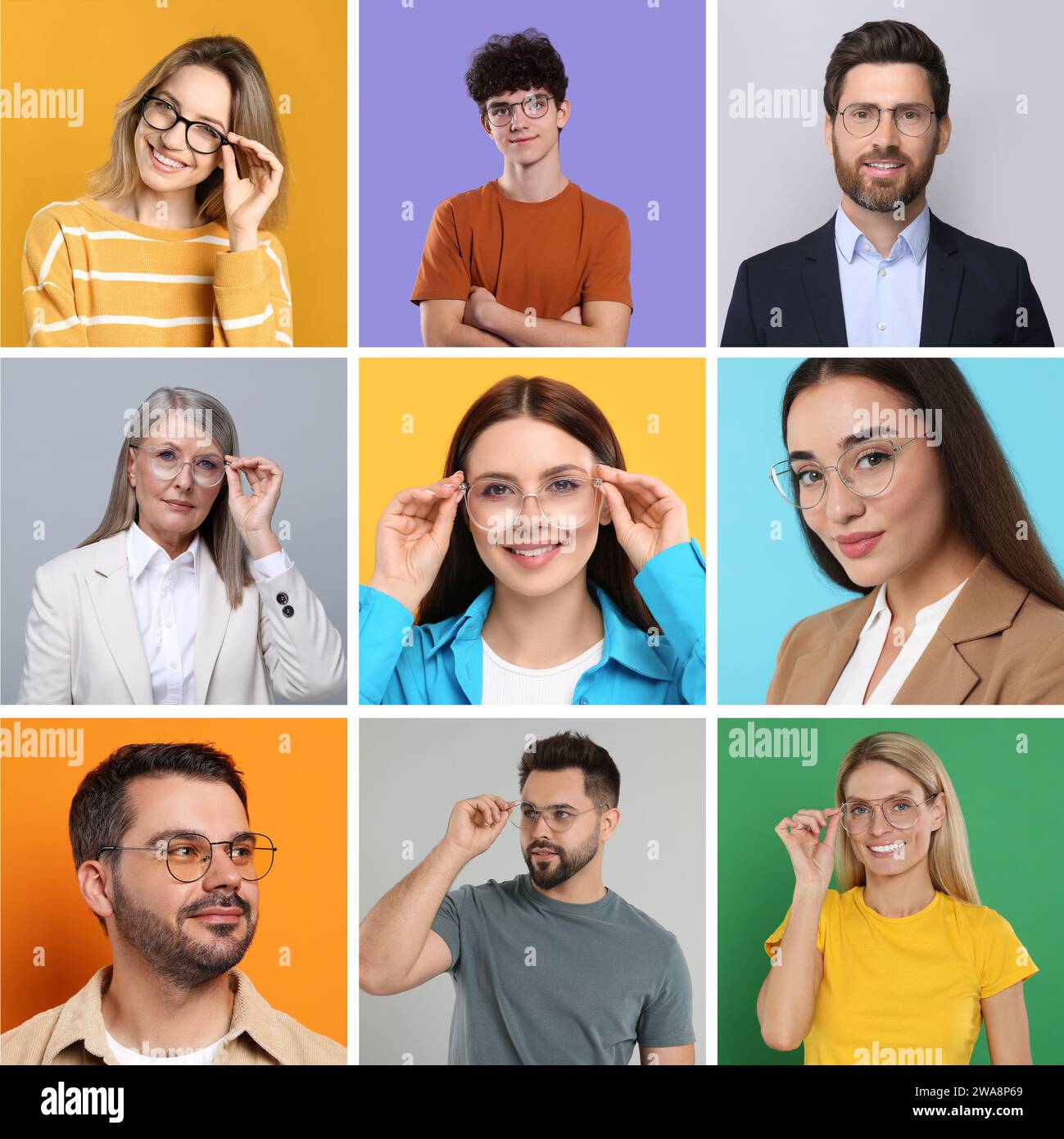 Many people in glasses on different backgrounds, collection of photos ...