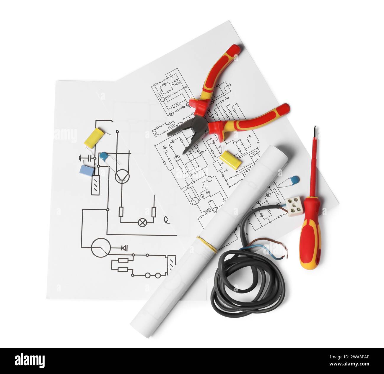 Wiring diagrams, wires and tools isolated on white, top view Stock ...