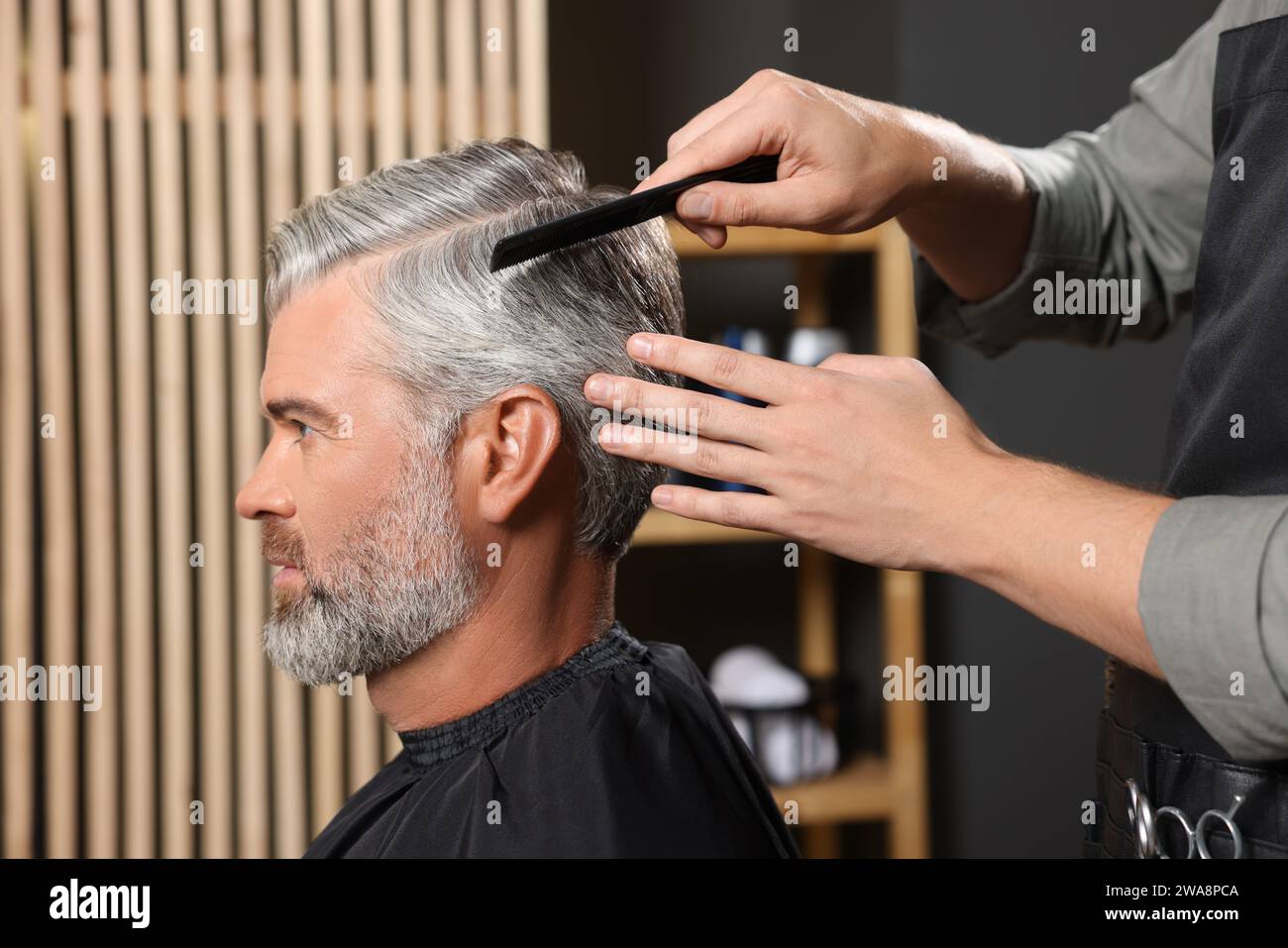 Hair styling. Professional hairdresser working with client in ...