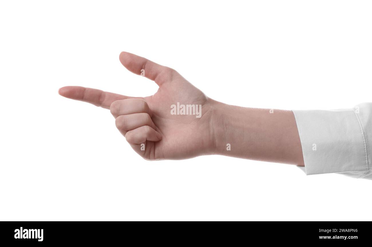 Woman pointing with index finger on white background, closeup ...