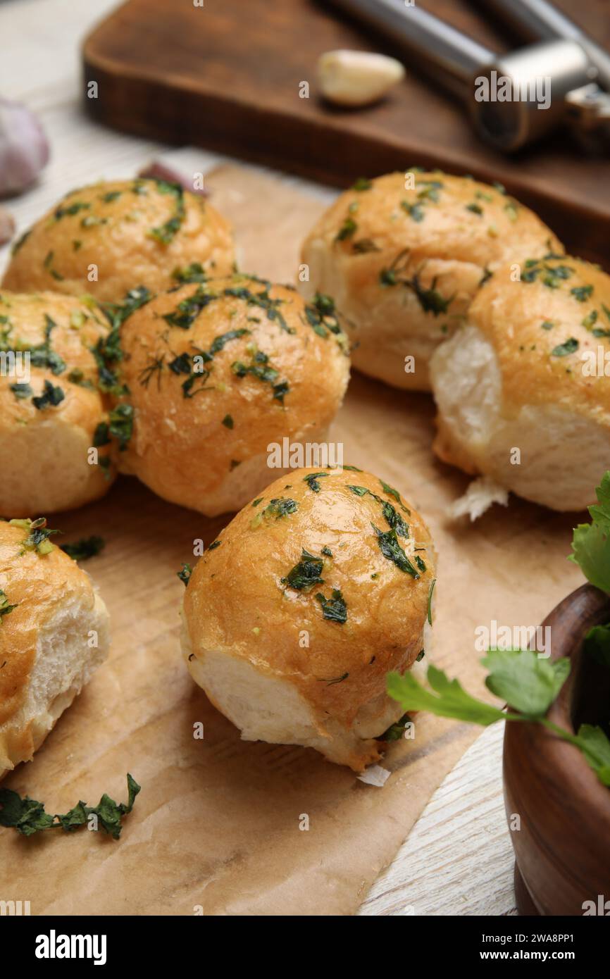 Traditional Ukrainian bread (Pampushky) with garlic on parchment Stock ...