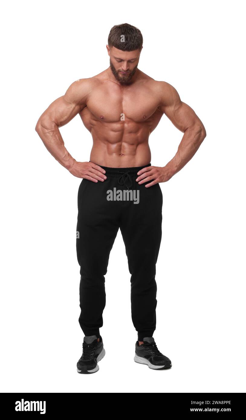 Young bodybuilder with muscular body on white background Stock Photo ...