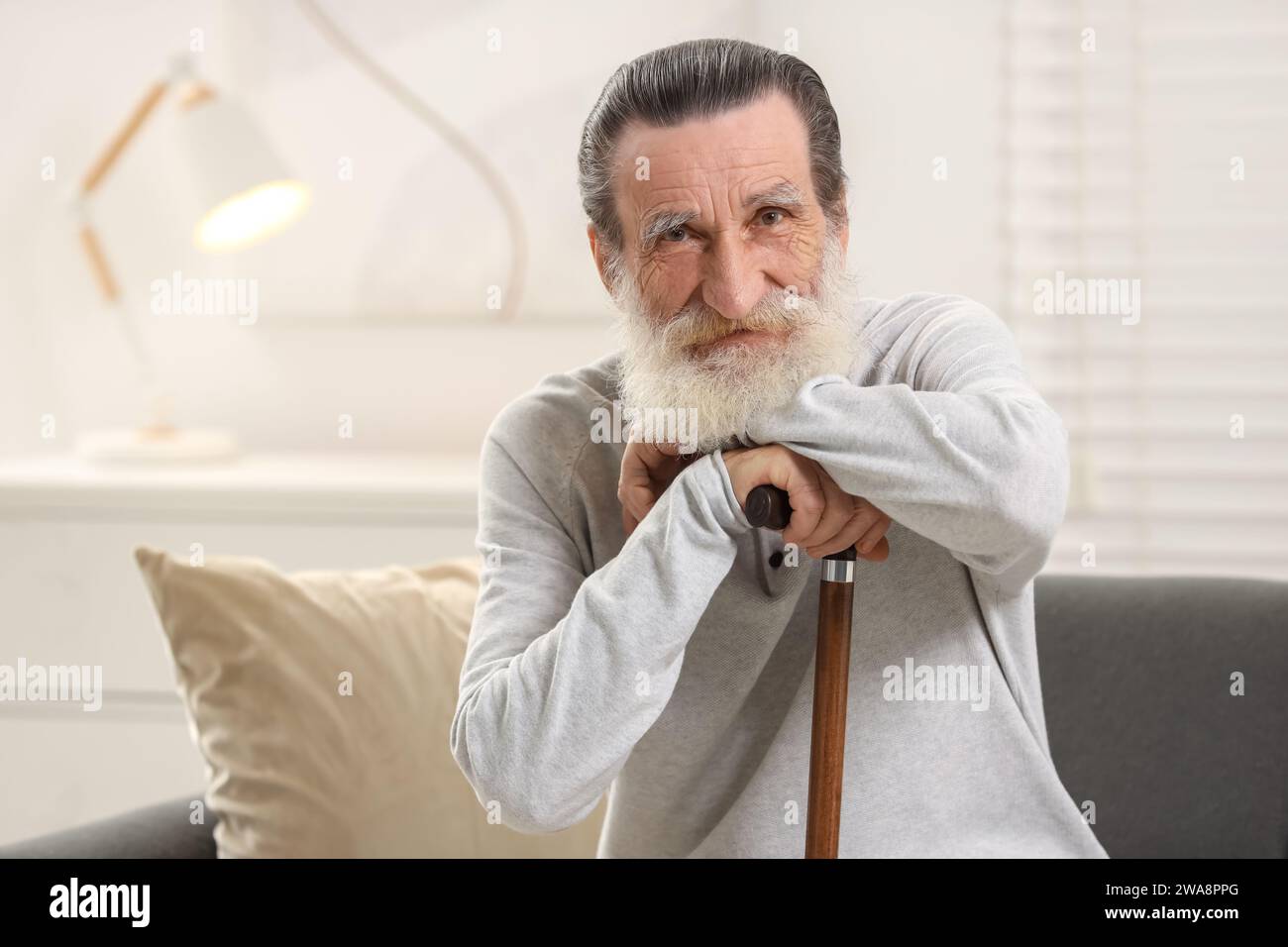 Senior man with walking cane on sofa at home Stock Photo - Alamy