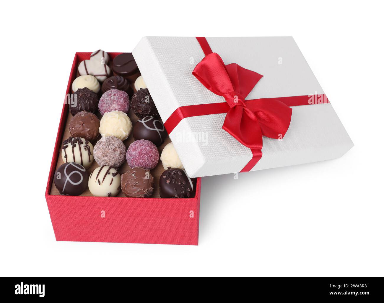 Red box with tasty chocolate candies isolated on white Stock Photo - Alamy
