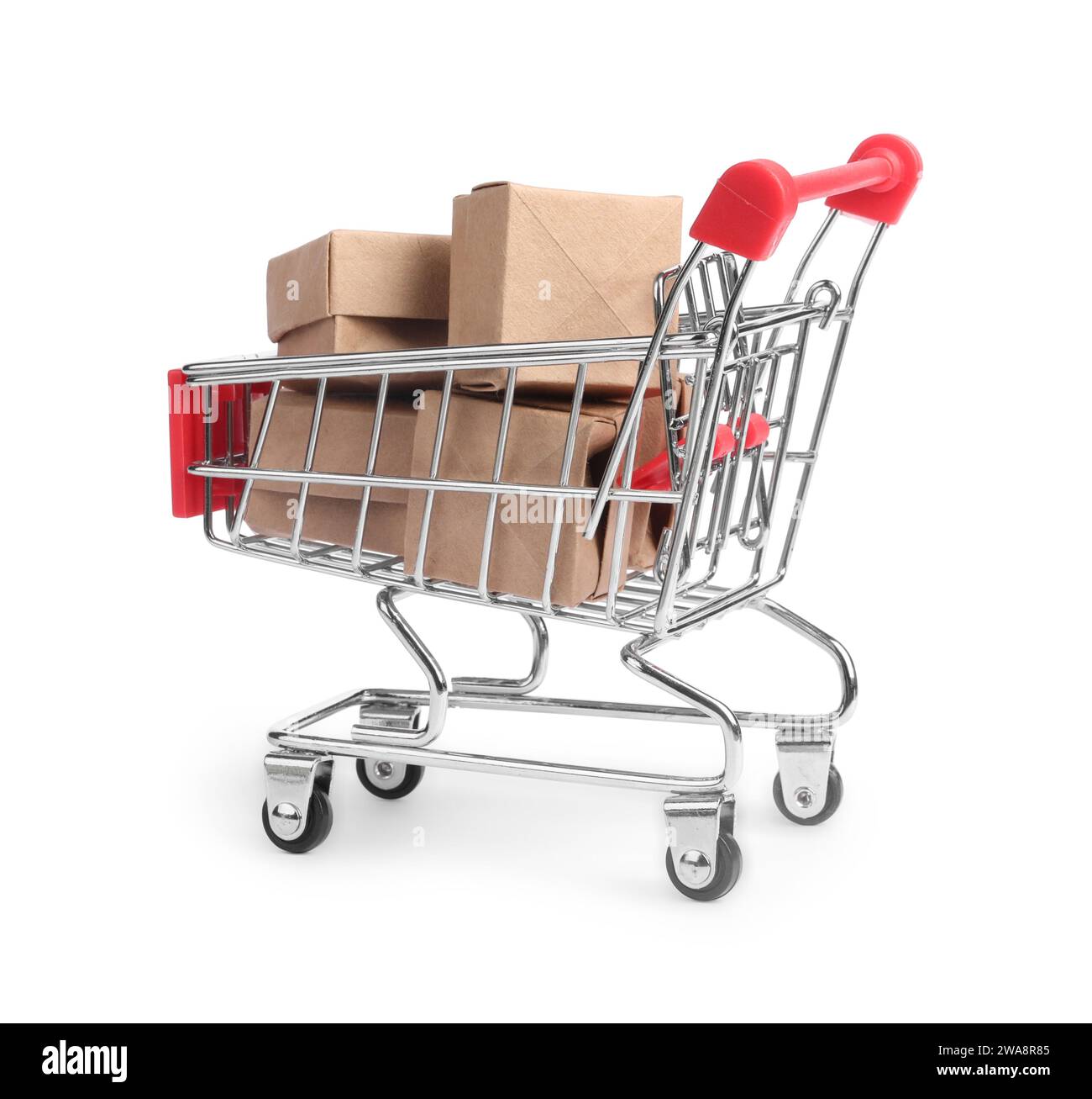 Small metal shopping cart with boxes isolated on white Stock Photo - Alamy