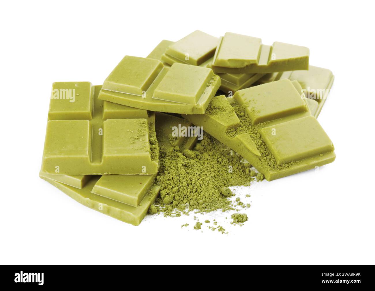 Pieces of tasty matcha chocolate bar and powder isolated on white Stock ...