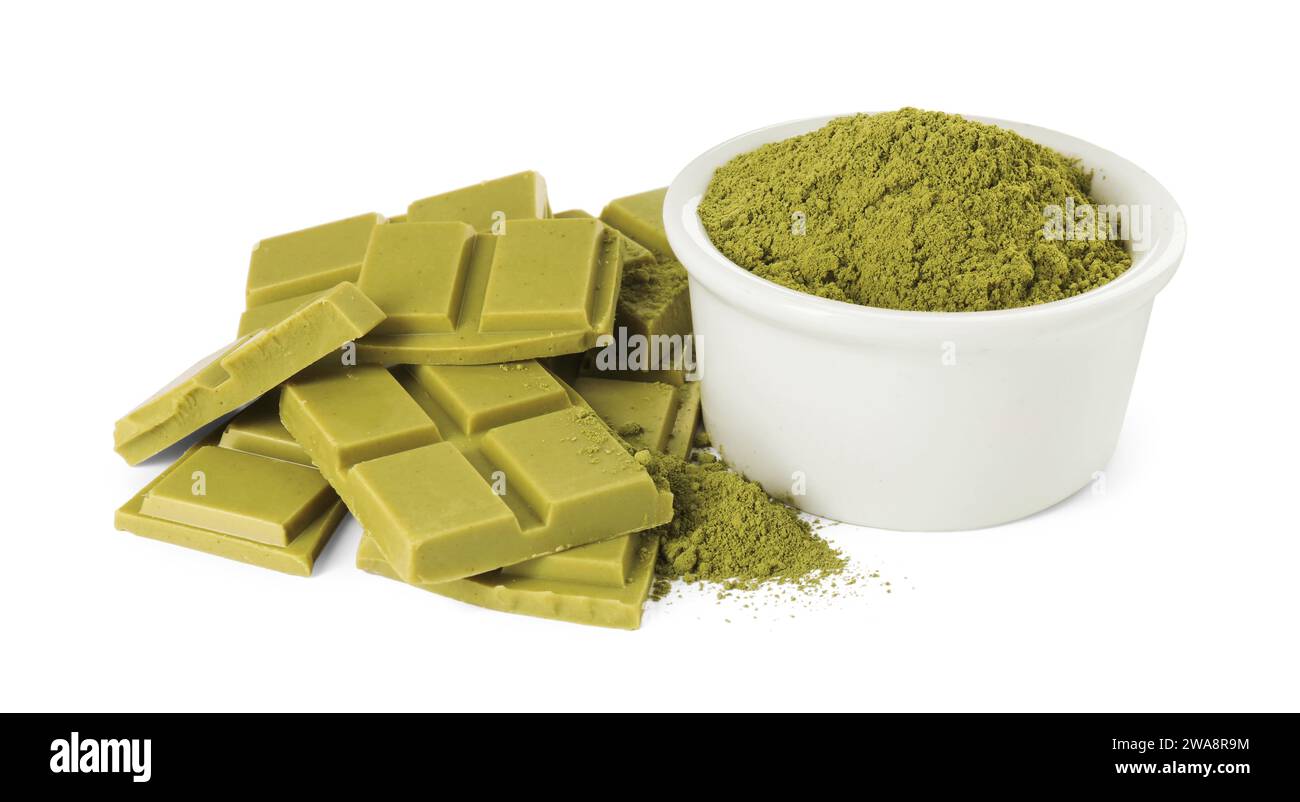 Pieces of tasty matcha chocolate bar and powder isolated on white Stock ...