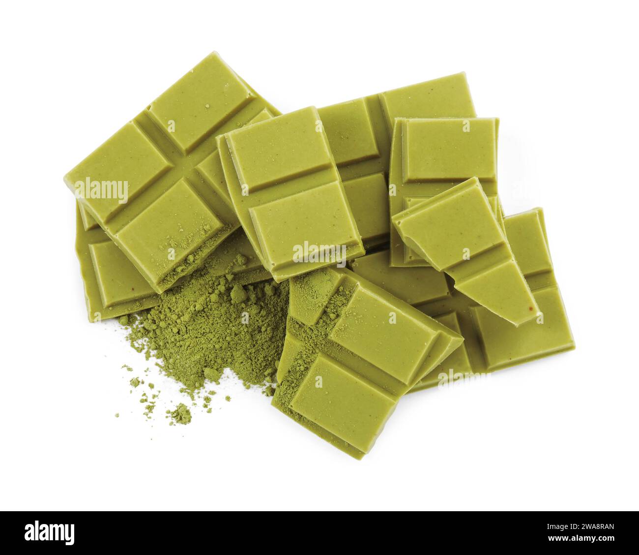 Pieces of tasty matcha chocolate bar and powder isolated on white, top ...