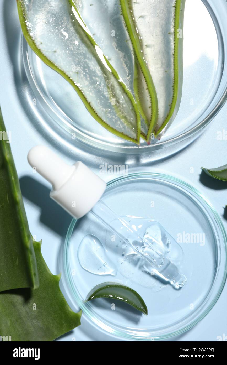 Flat lay composition with cosmetic gel and cut aloe vera on light blue ...