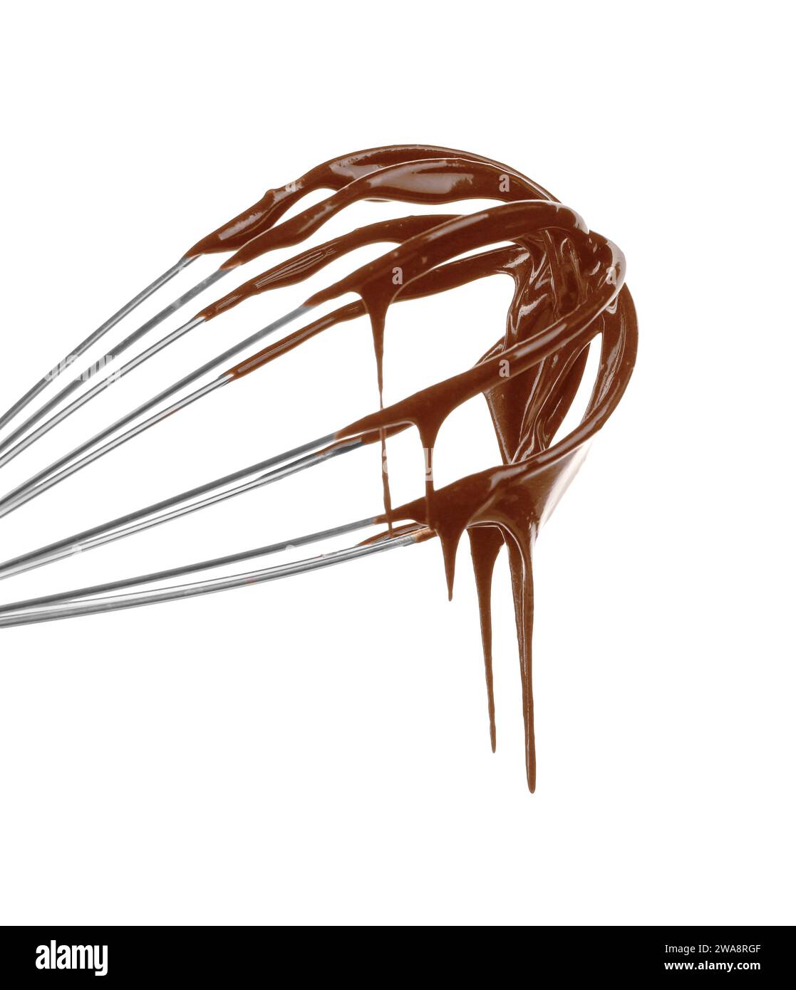 Chocolate cream dripping from whisk on white background, space for text ...