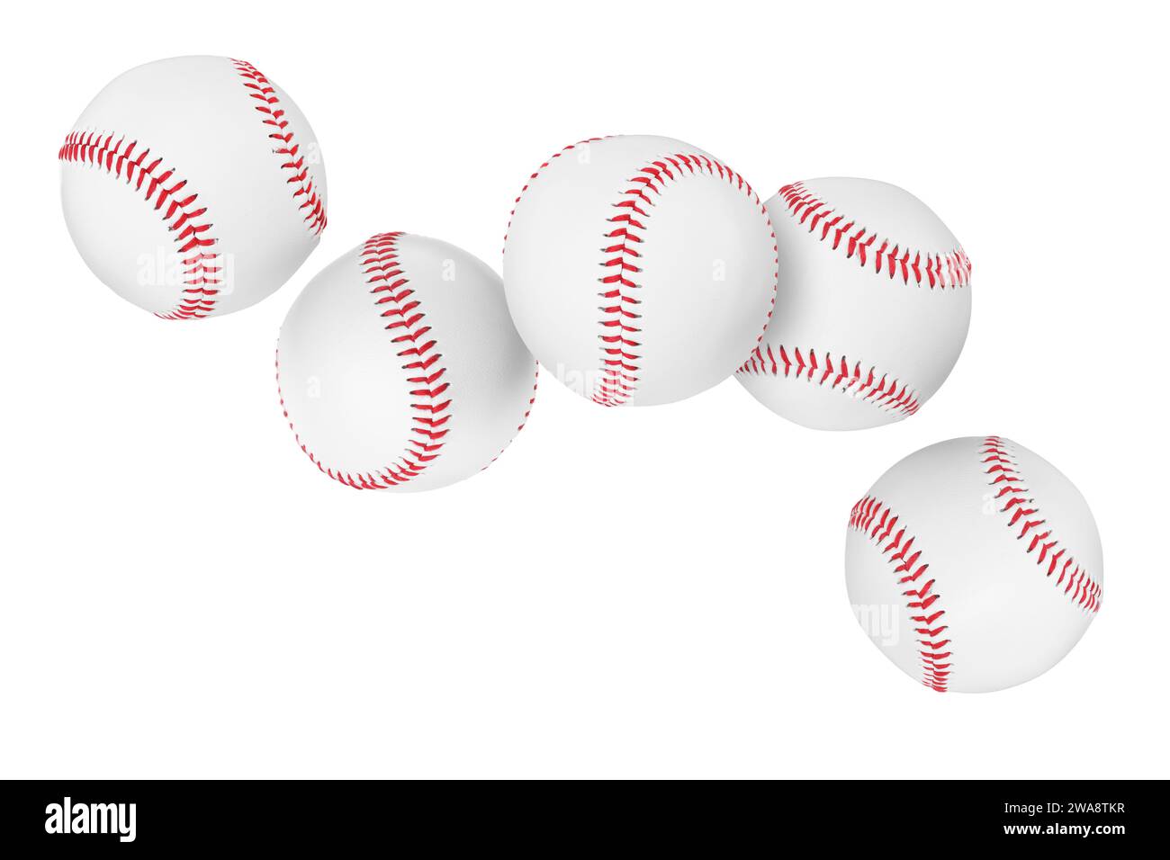 Many baseball balls flying on white background Stock Photo - Alamy