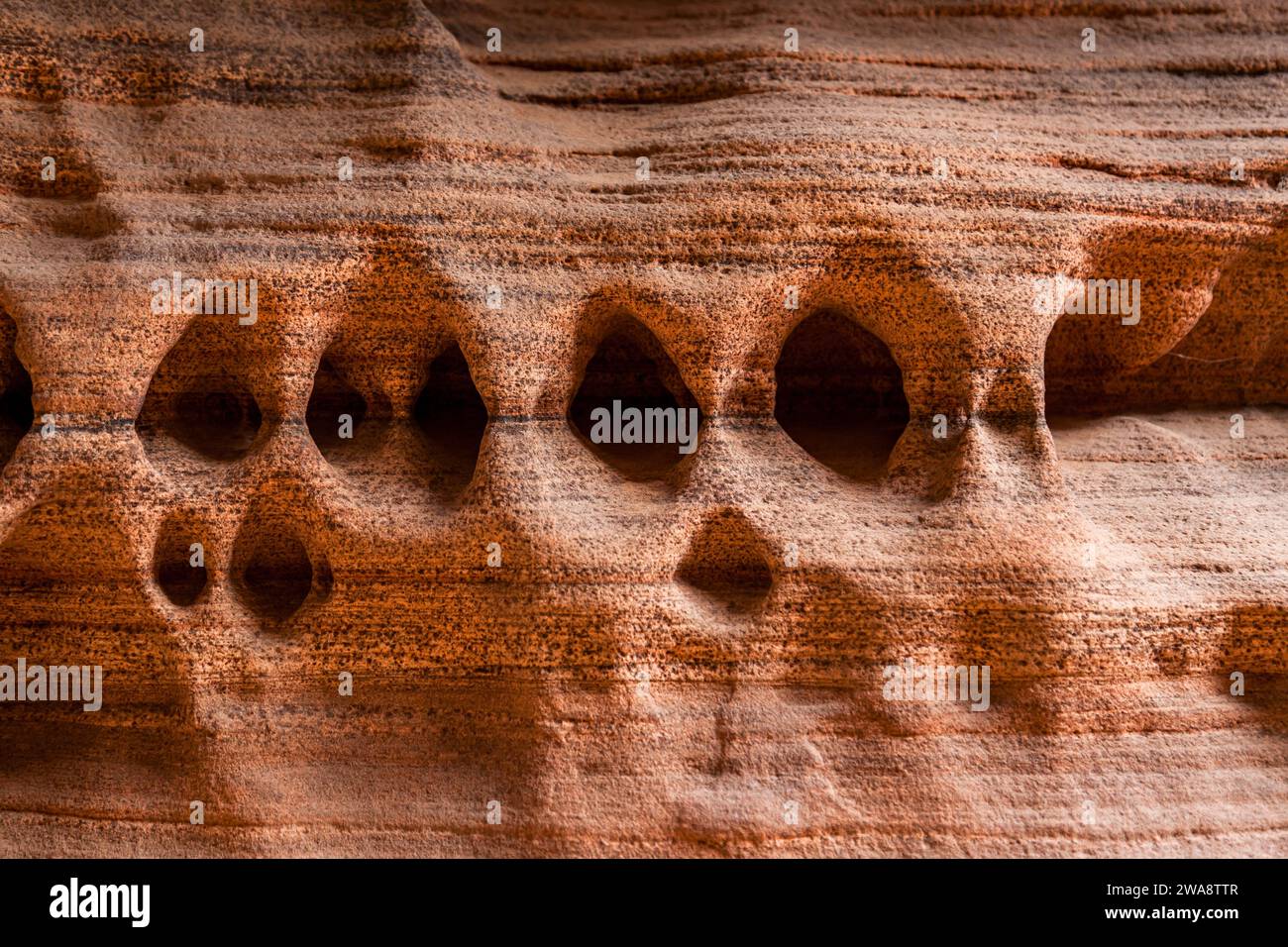 Sandstone rock walls that have eroded over time to create holes or ...
