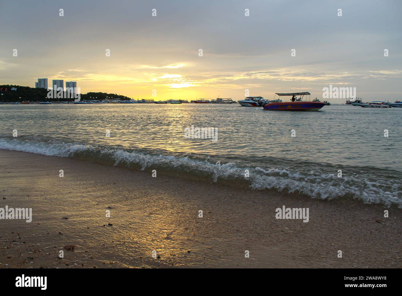 Beaches in Asia, Thailand, Pattaya, the sea at the time of sunset on ...