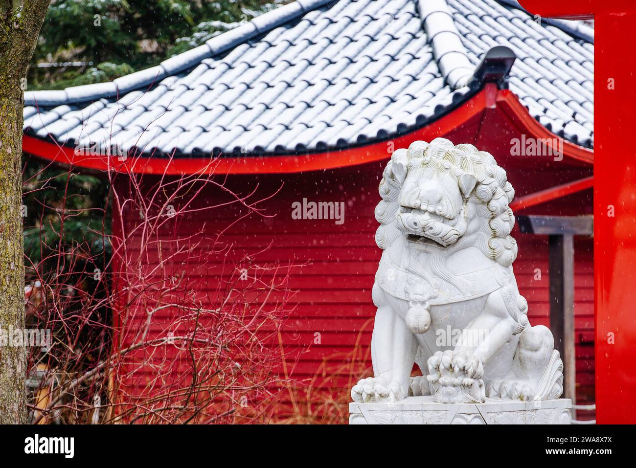Granby, Quebec - Dec 31 2023: Beautiful chinese style pavillon snow ...
