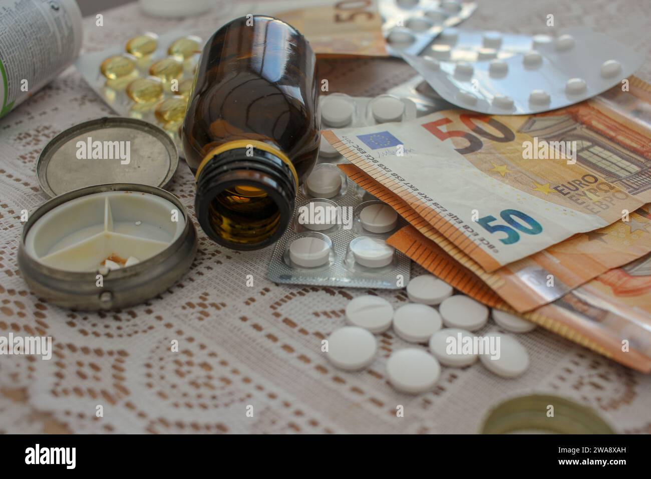 Medicine's Toll: Euro Bills and Pill Bottles on Display Stock Photo - Alamy