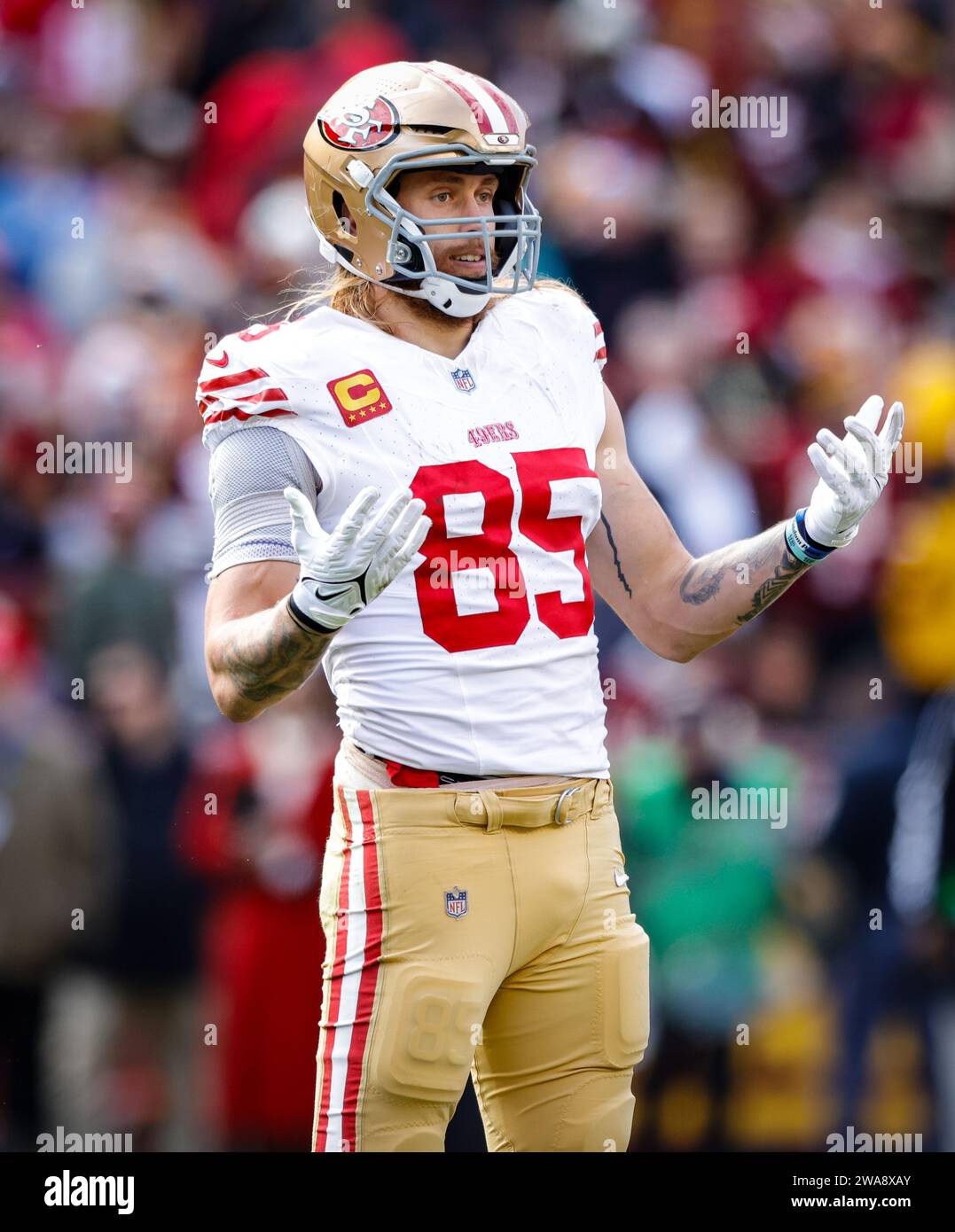 San Francisco 49ers tight end George Kittle (85) after the penalty call ...