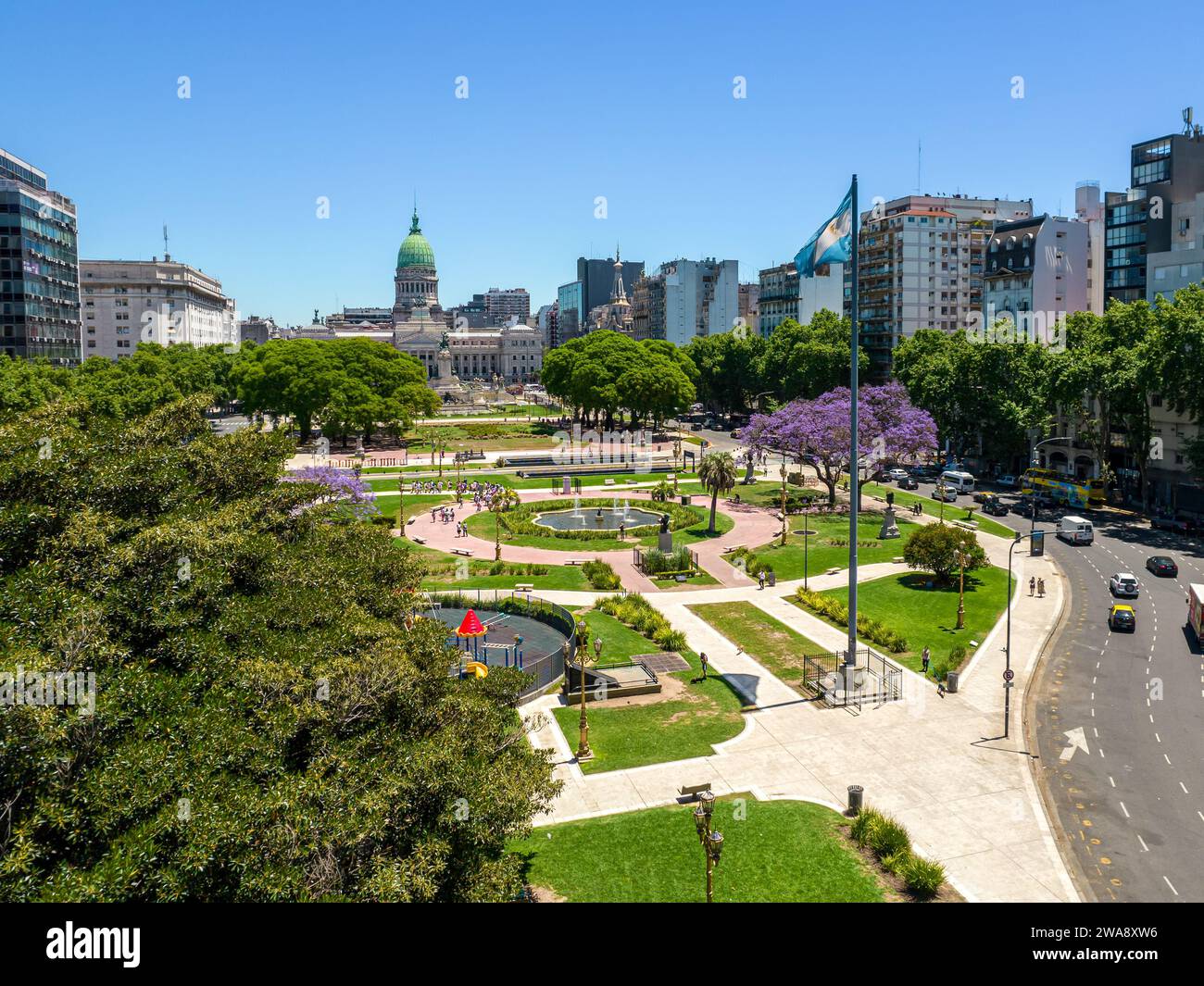 Beautiful aerial view of the Argentina flag waving, the Palace of the ...