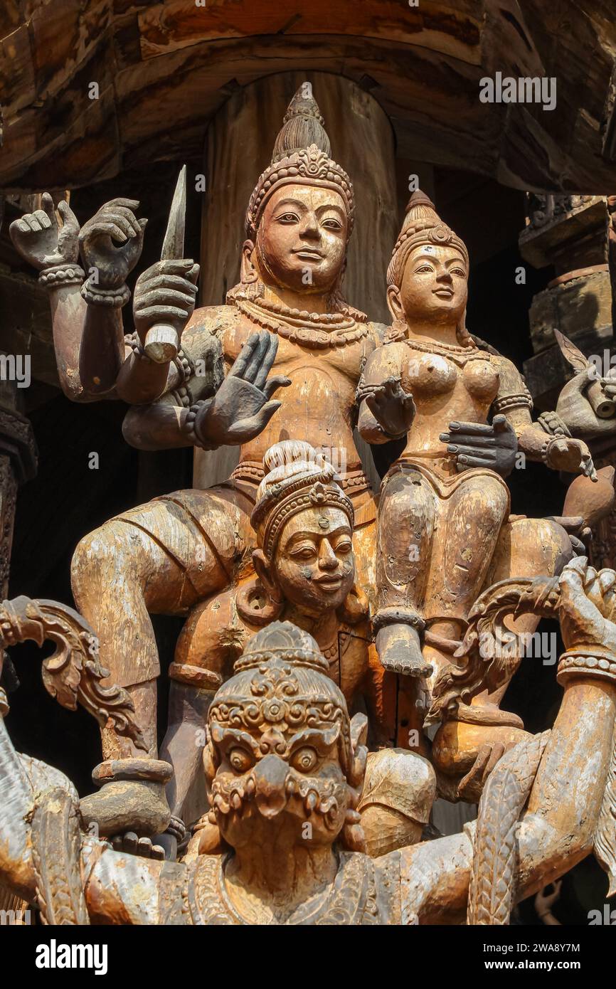 Wooden sculptures. The Temple of Truth. The city of Pattaya. Thailand ...