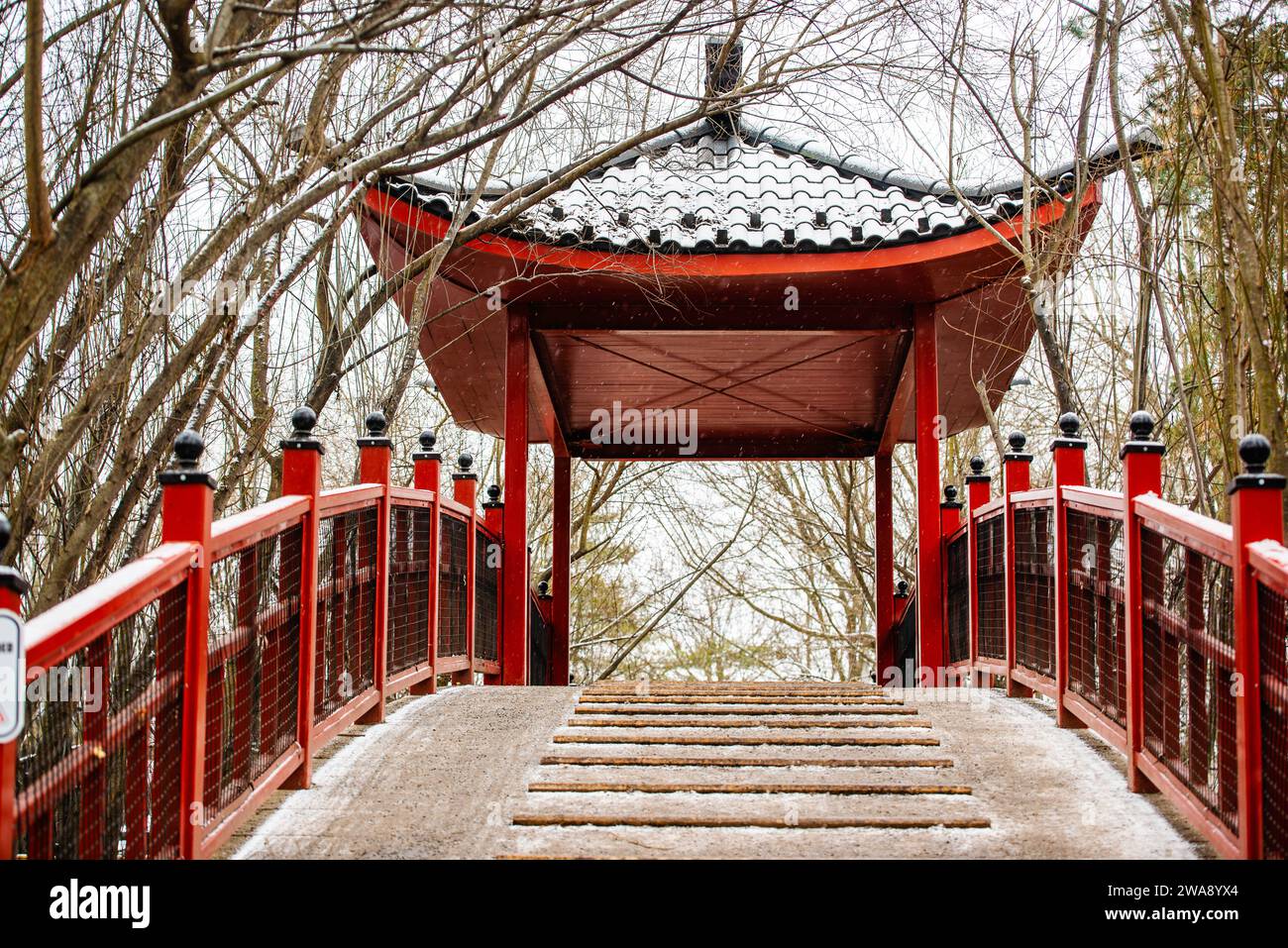 Granby, Quebec - Dec 31 2023: Beautiful chinese style pavillon snow ...