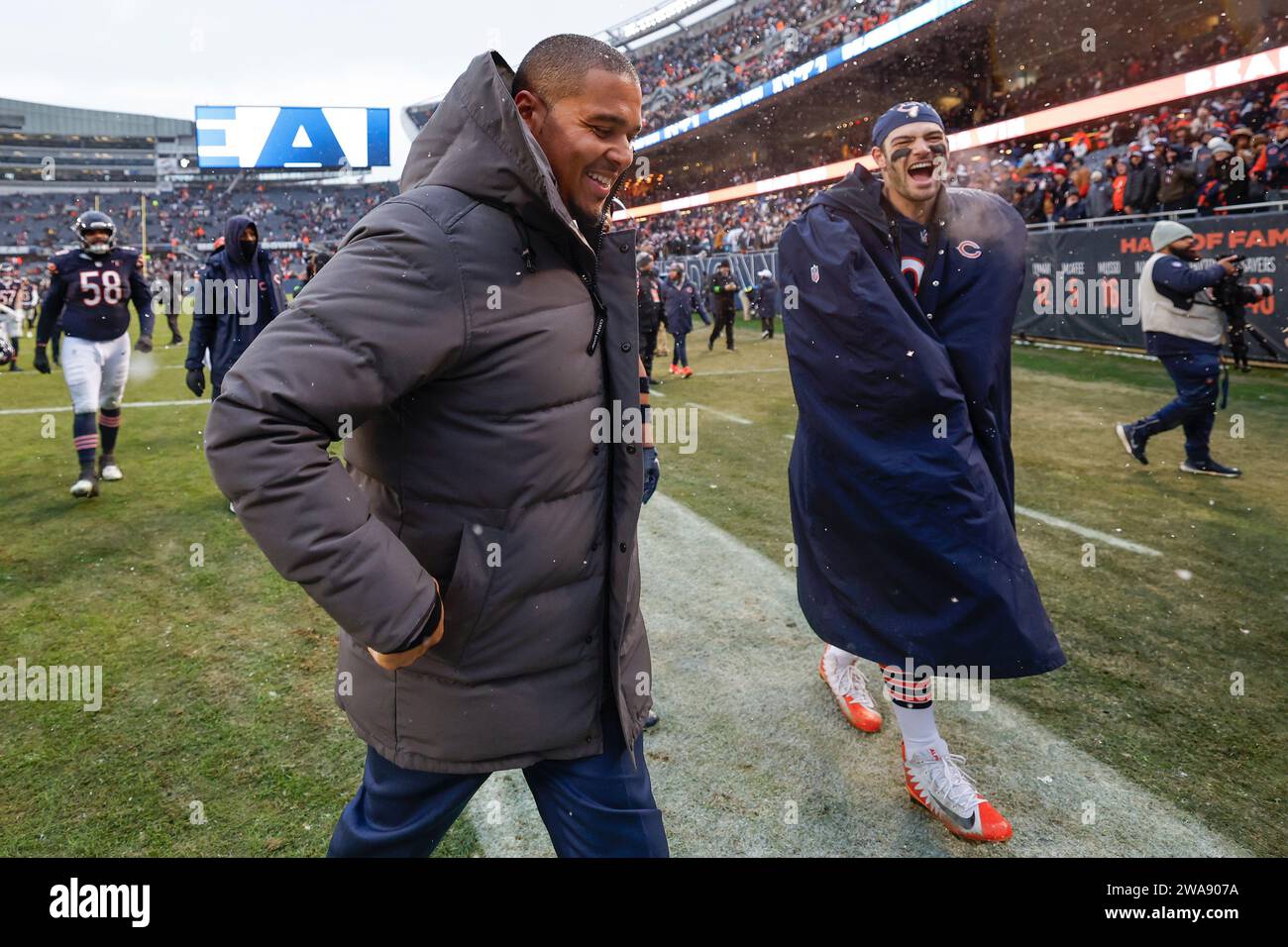 Chicago Bears general manager Ryan Poles walks off the field with ...