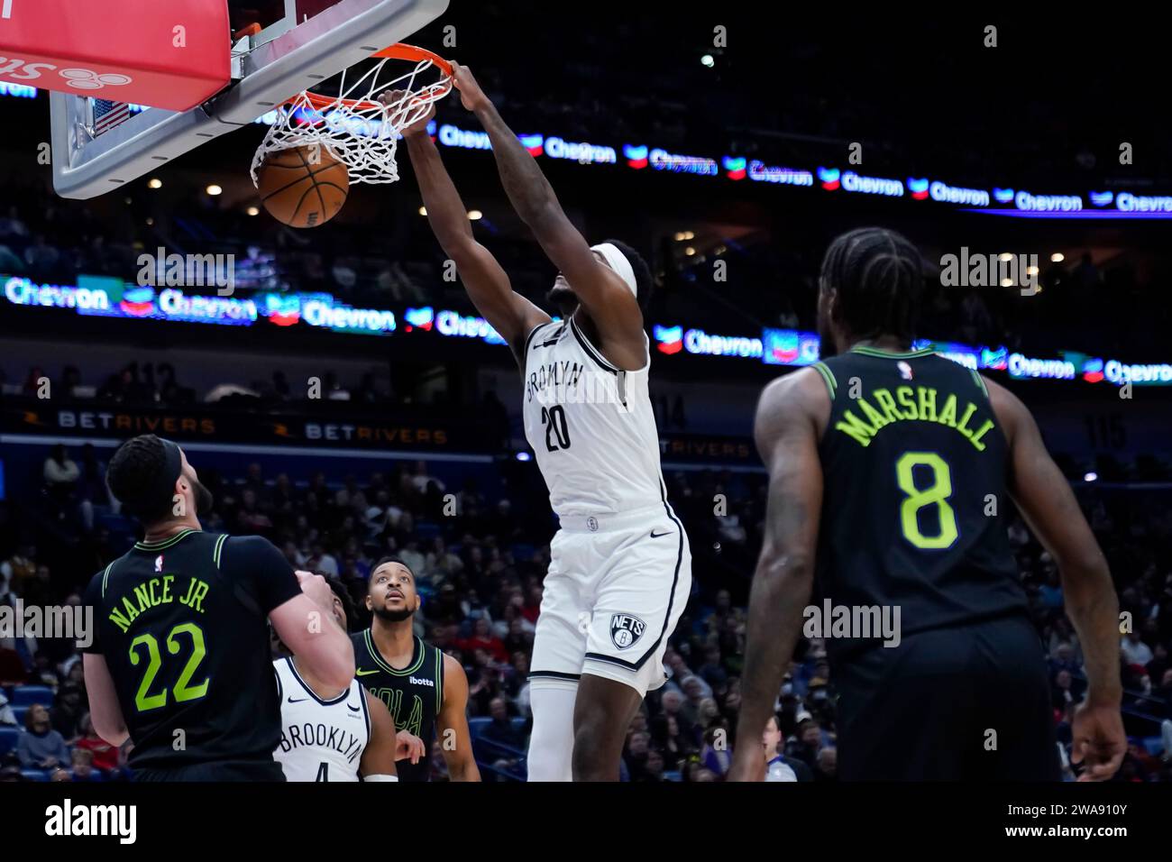 Brooklyn Nets center Day'Ron Sharpe (20) slam dunks over New Orleans ...