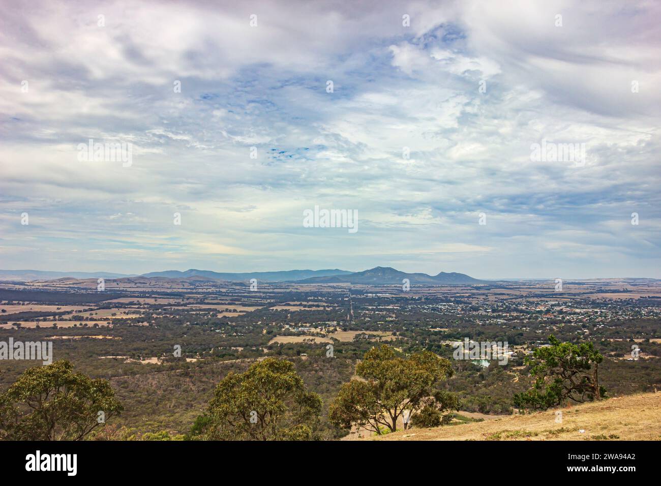 The view of flat expanses of farmland with Grampians mountain range as ...