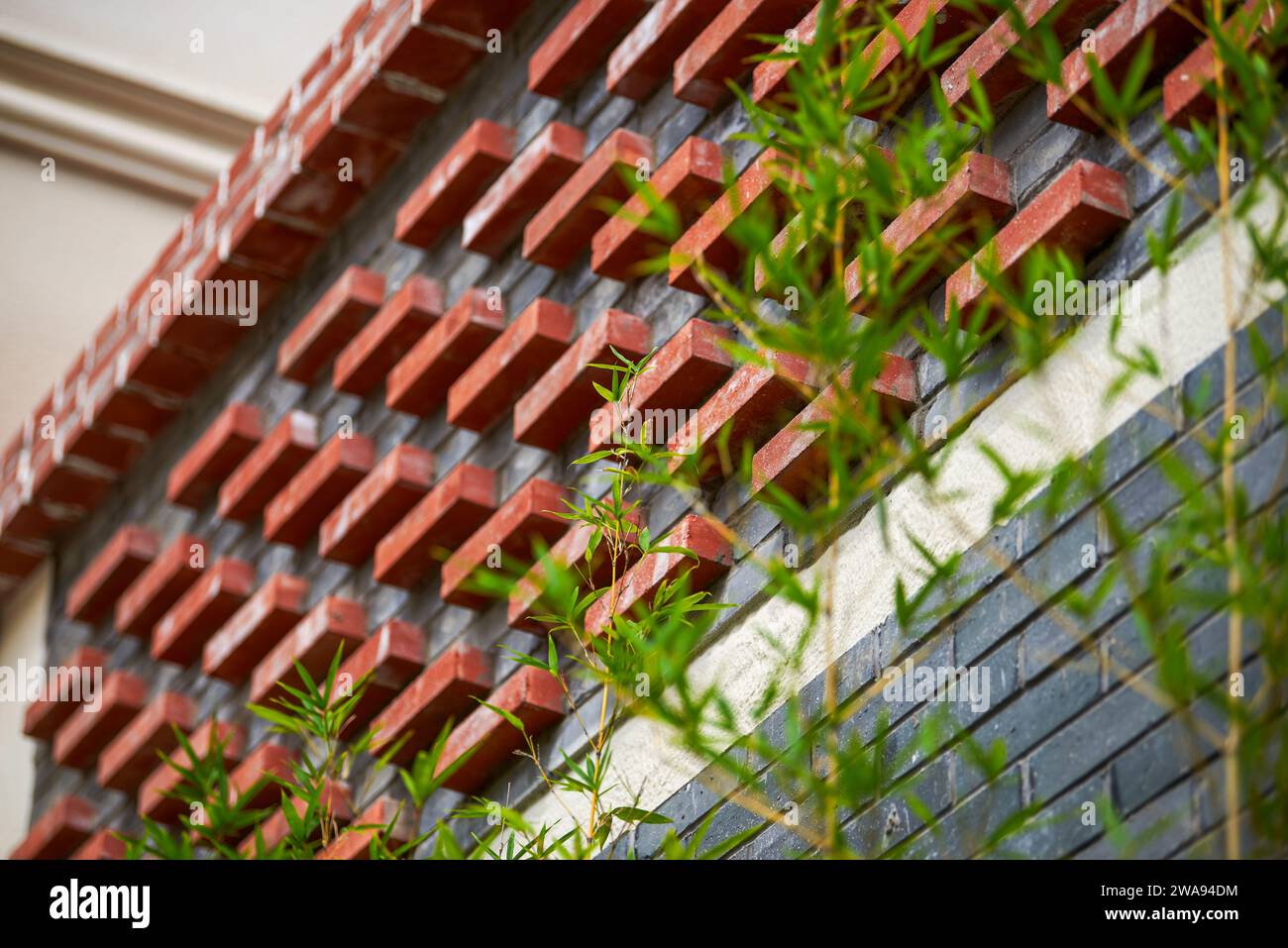 Red brick decorative wall on traditional style building in Chinese ...