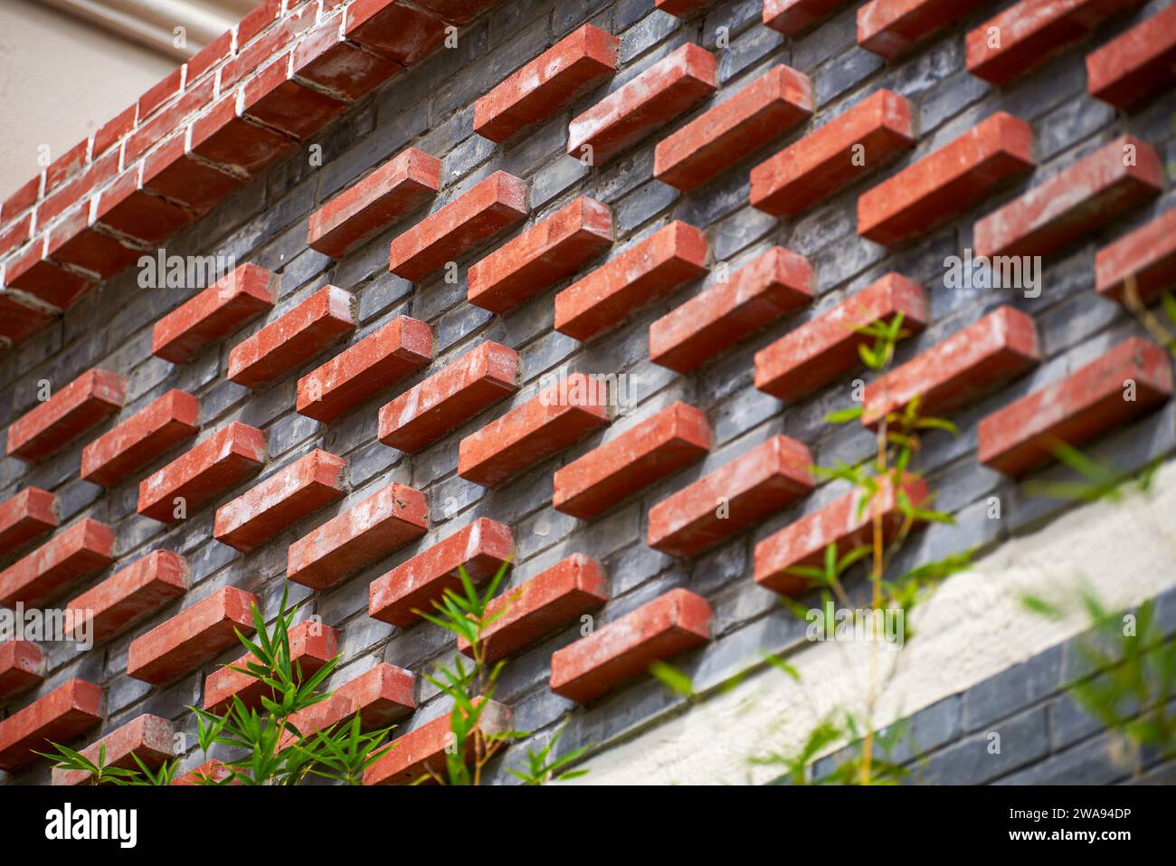 Red brick decorative wall on traditional style building in Chinese ...