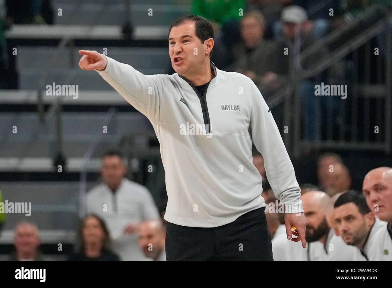 Baylor head coach Scott Drew talks to his team during the first half of ...