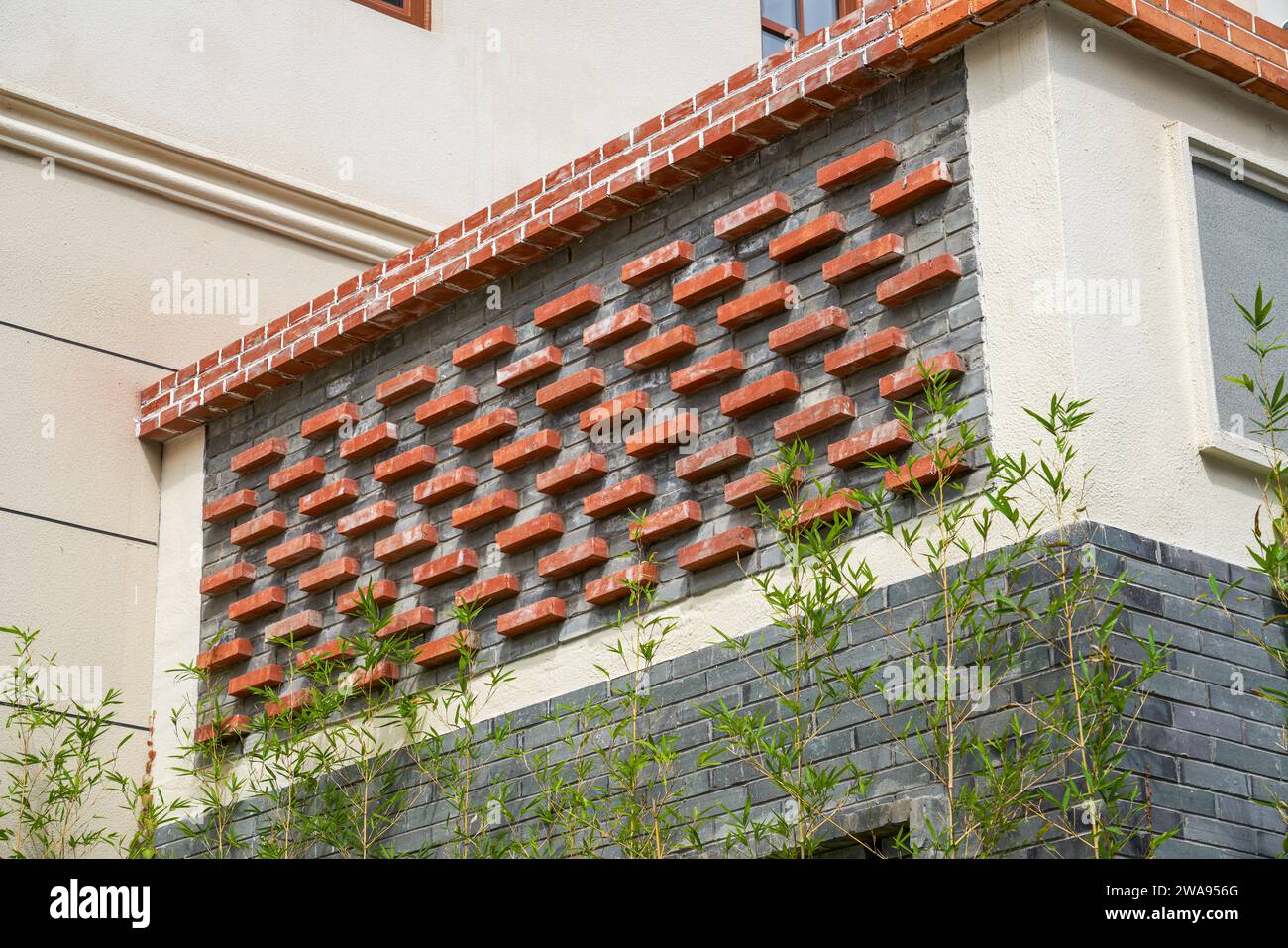 Red brick decorative wall on traditional style building in Chinese ...