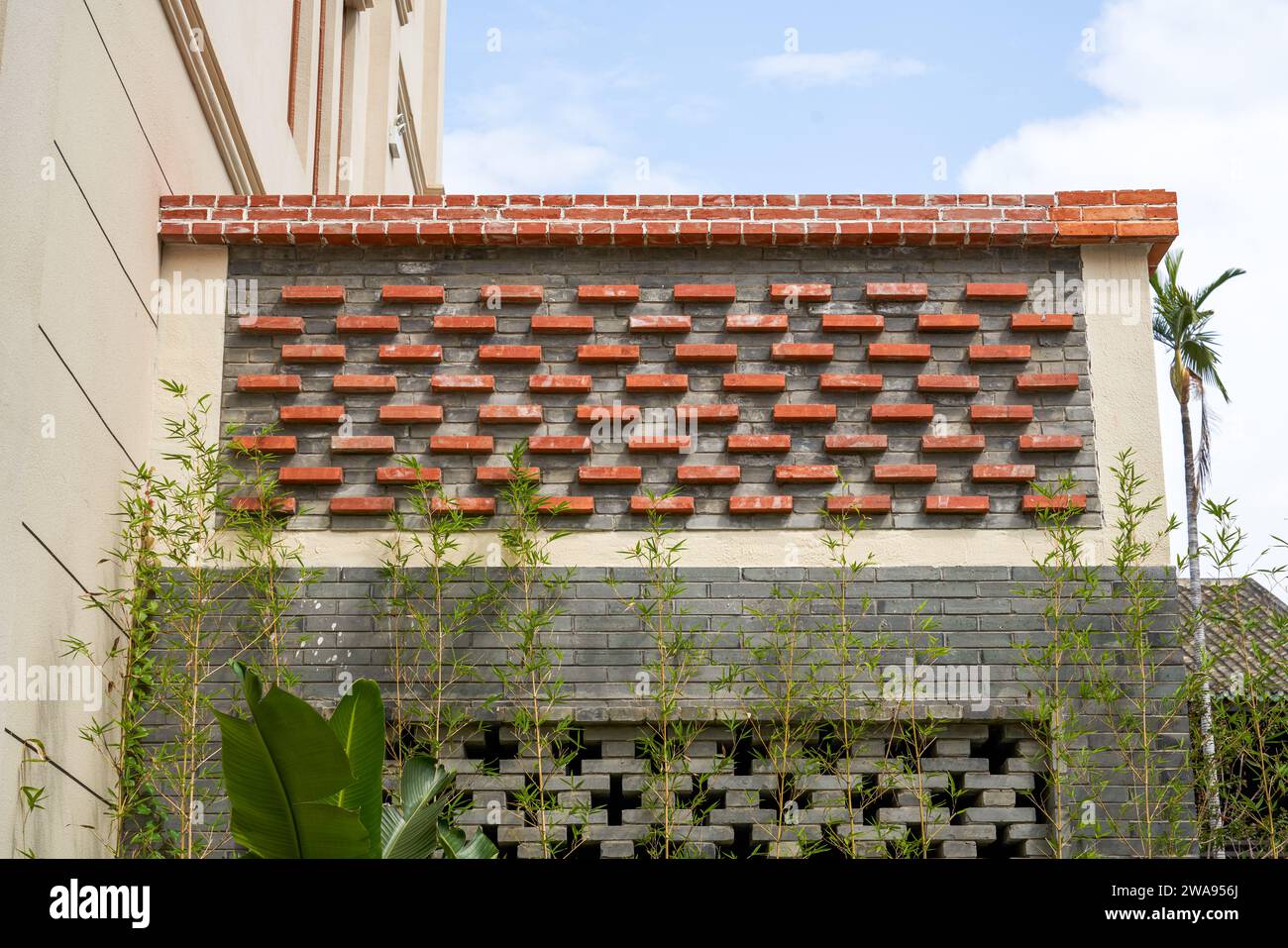 Red brick decorative wall on traditional style building in Chinese ...