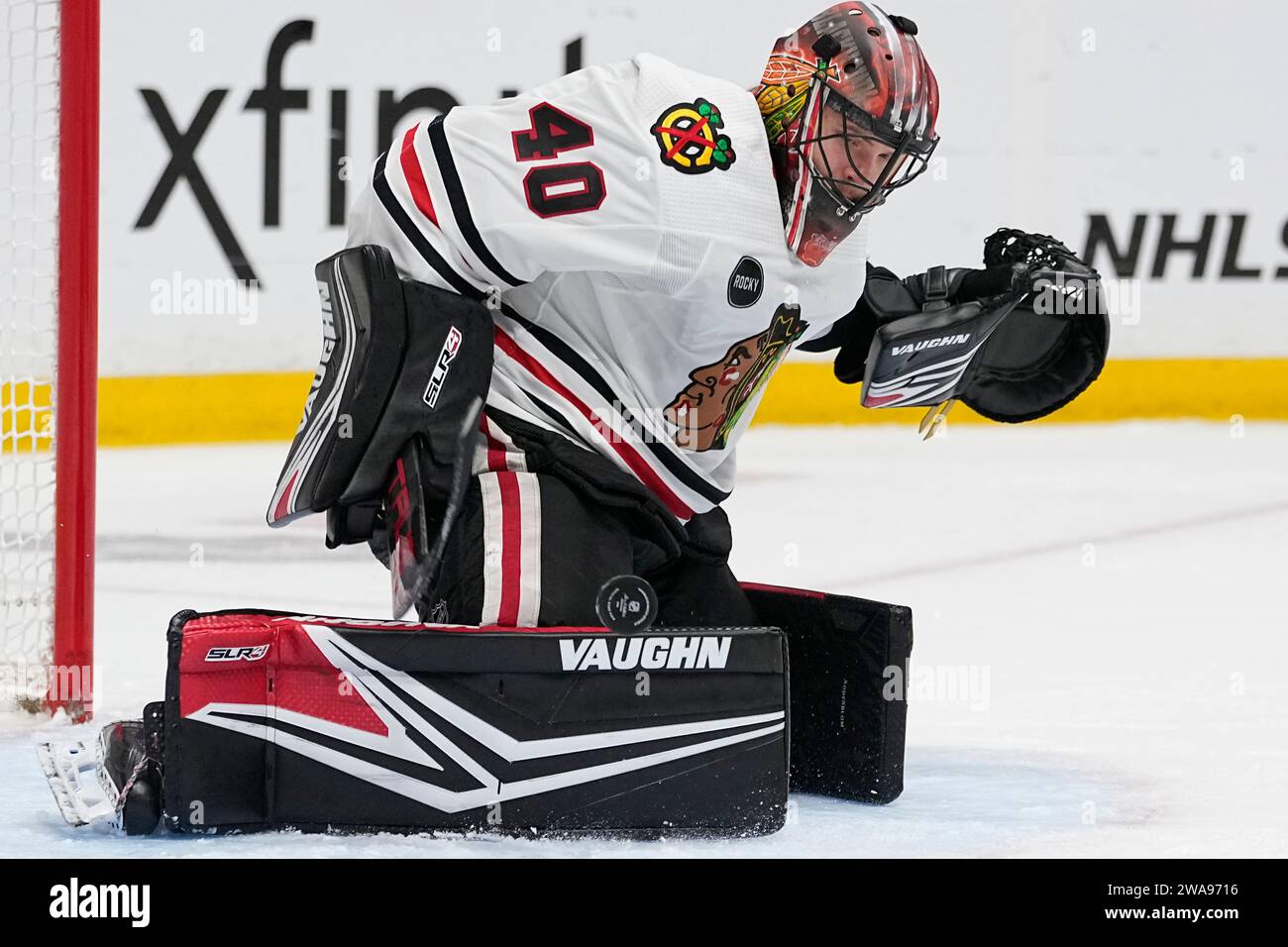 Chicago Blackhawks goaltender Arvid Soderblom (40) defends the goal against the Nashville ...