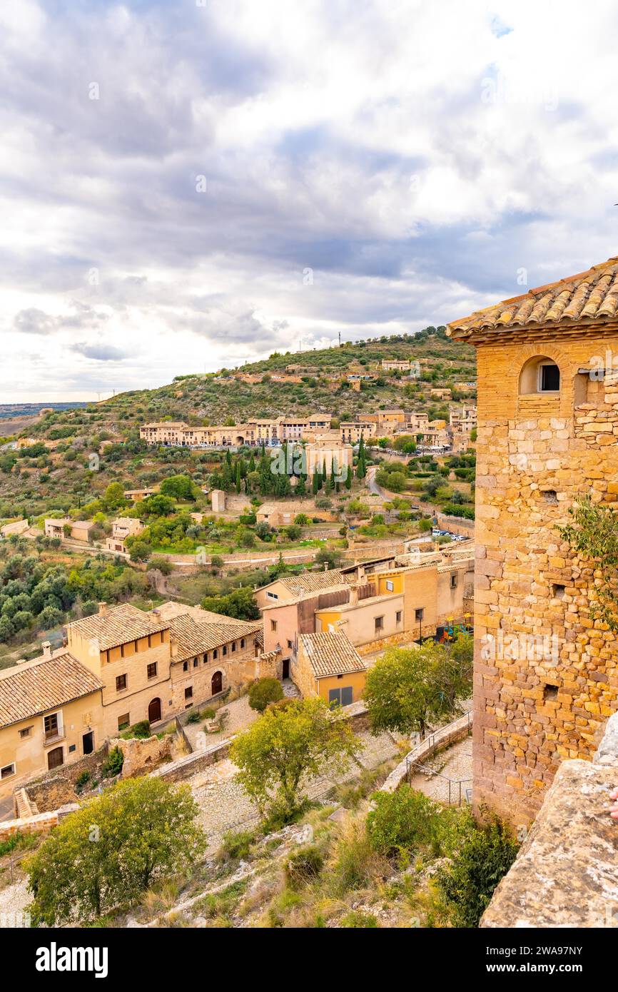 Views of the castle tower of the Pyrenean village of Alquezar, medieval ...