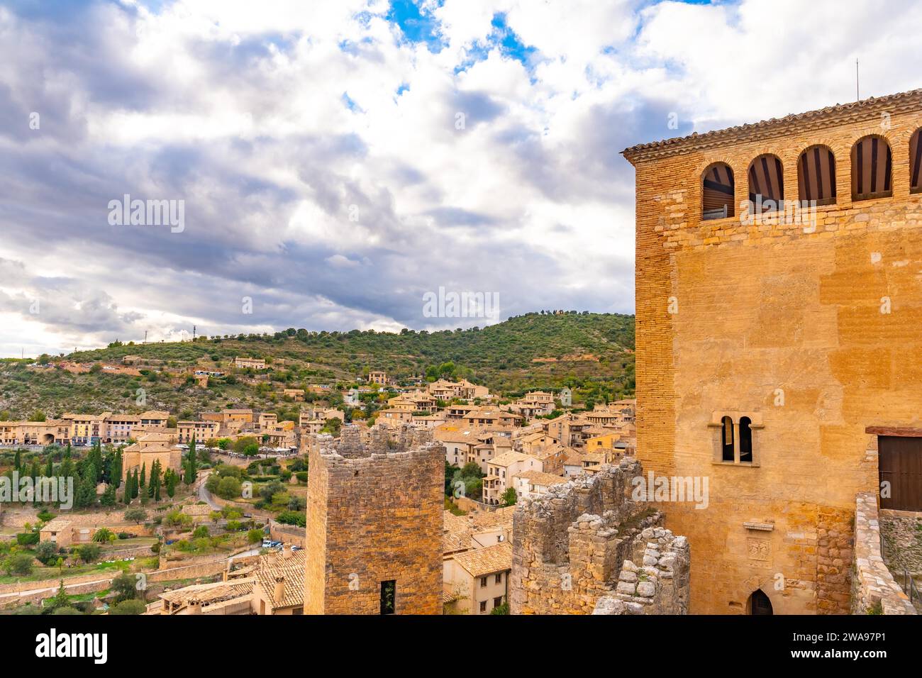 Views of the castle tower of the Pyrenean village of Alquezar, medieval ...