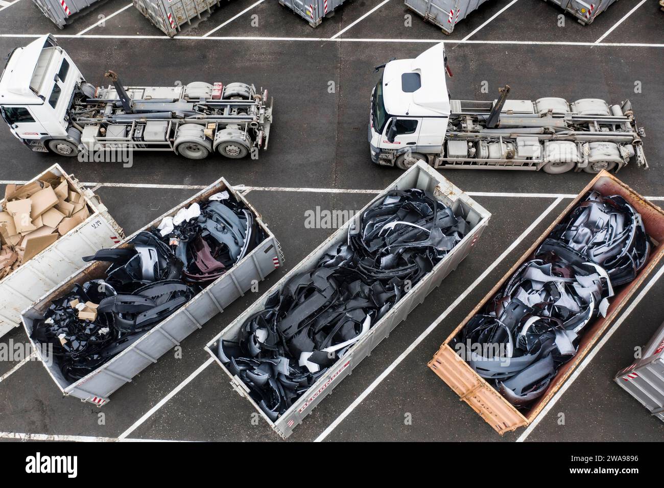 Plastic parts of the Tesla Y model are provided in containers for ...