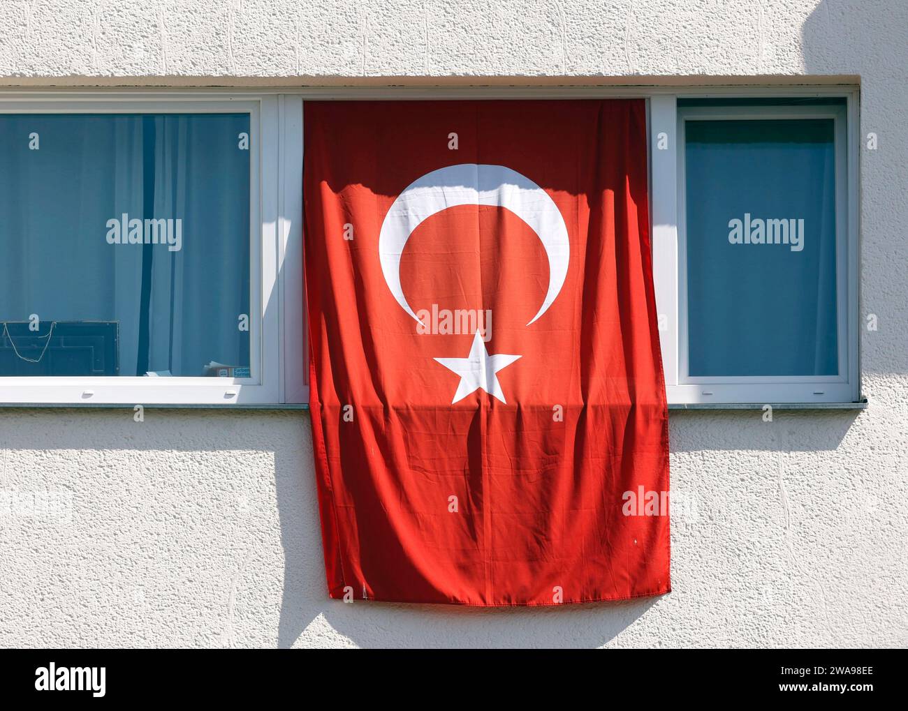 A Turkish flag hangs from the window of a house in Berlin, 01 06 2023 ...