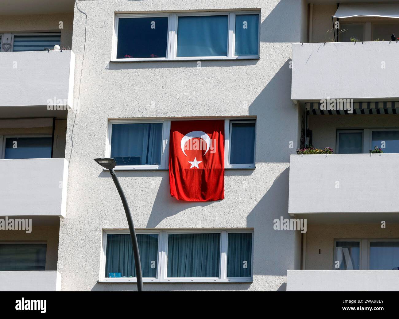 A Turkish flag hangs from the window of a house in Berlin, 01 06 2023 ...