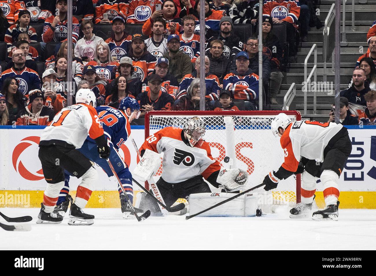 Philadelphia Flyers goalie Carter Hart (79) makes a save on Edmonton ...