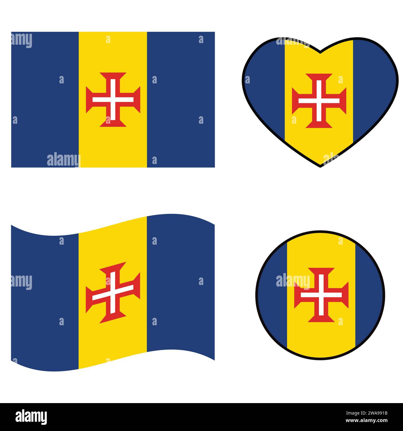 Madeira flag icon. Waving flag of Madeira. Heart Madeira flag. Round ...