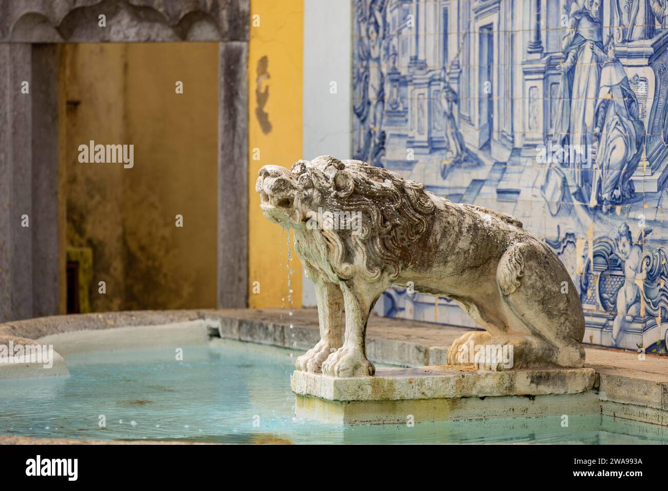 Azulejos, artistic tile installation at the Lion Fountain, Museu Condes ...