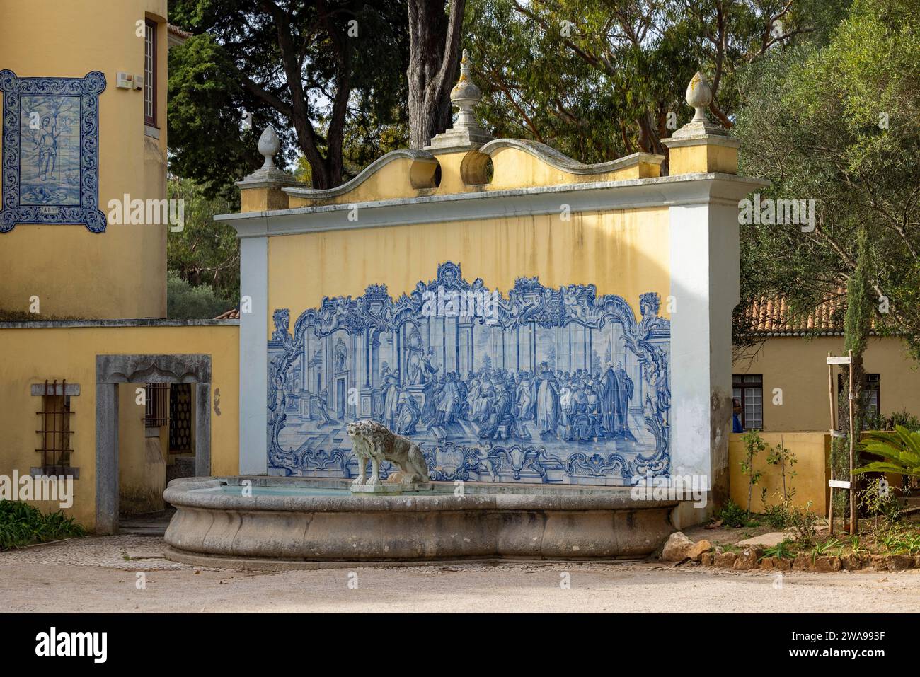 Azulejos, artistic tile installation at the Lion Fountain, Museu Condes ...