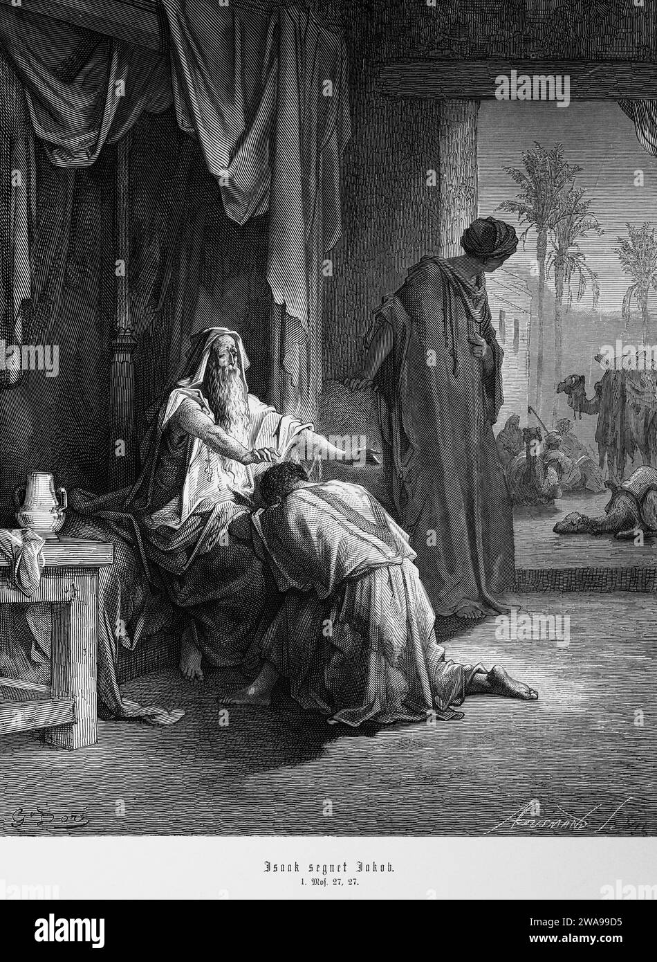Bible, Isaac blesses Jacob, Genesis, 27, interior, table, jug, curtain ...