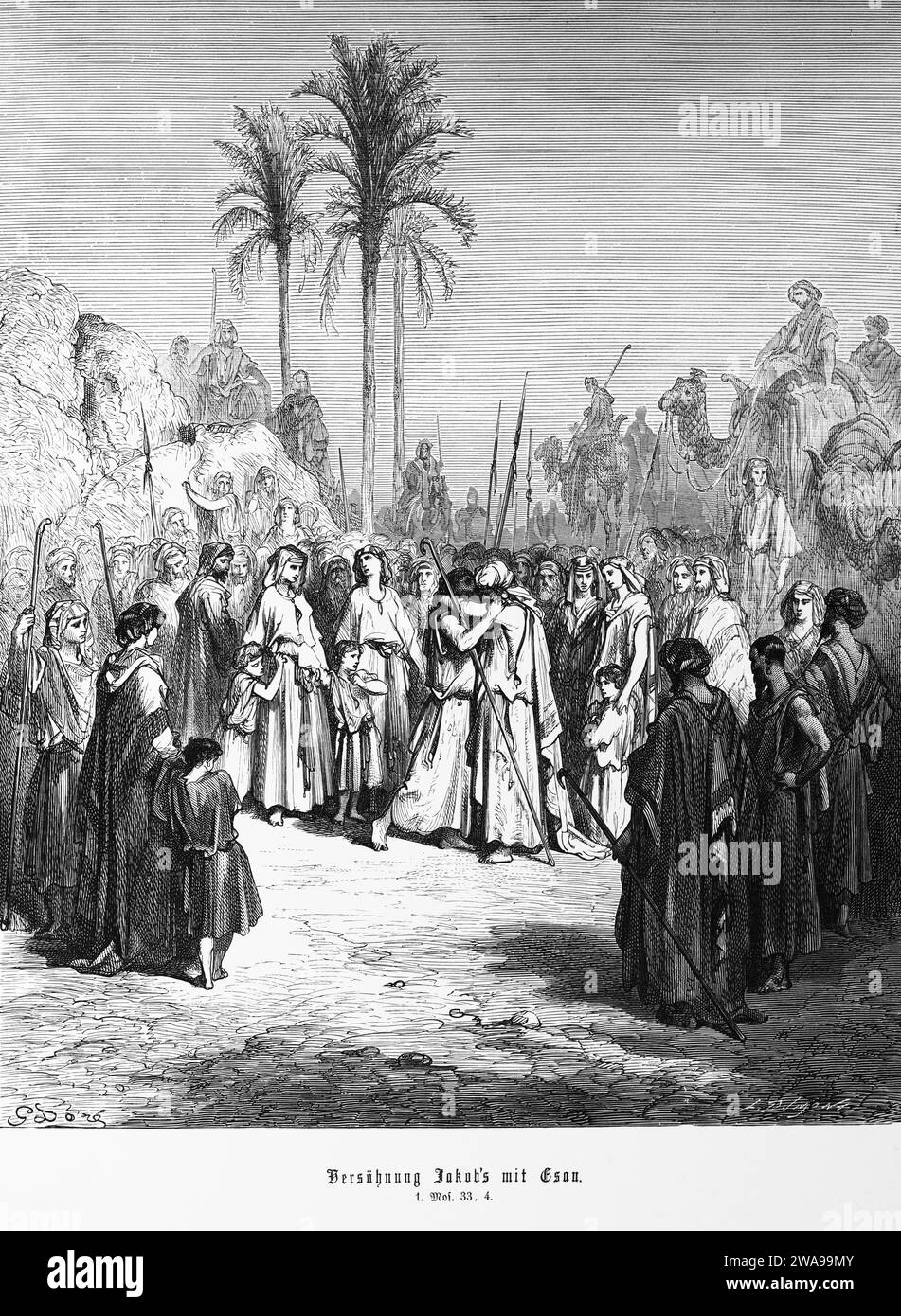 Bible, reconciliation of Jacob with Esau, Genesis, 33, 4, Moses, Old ...