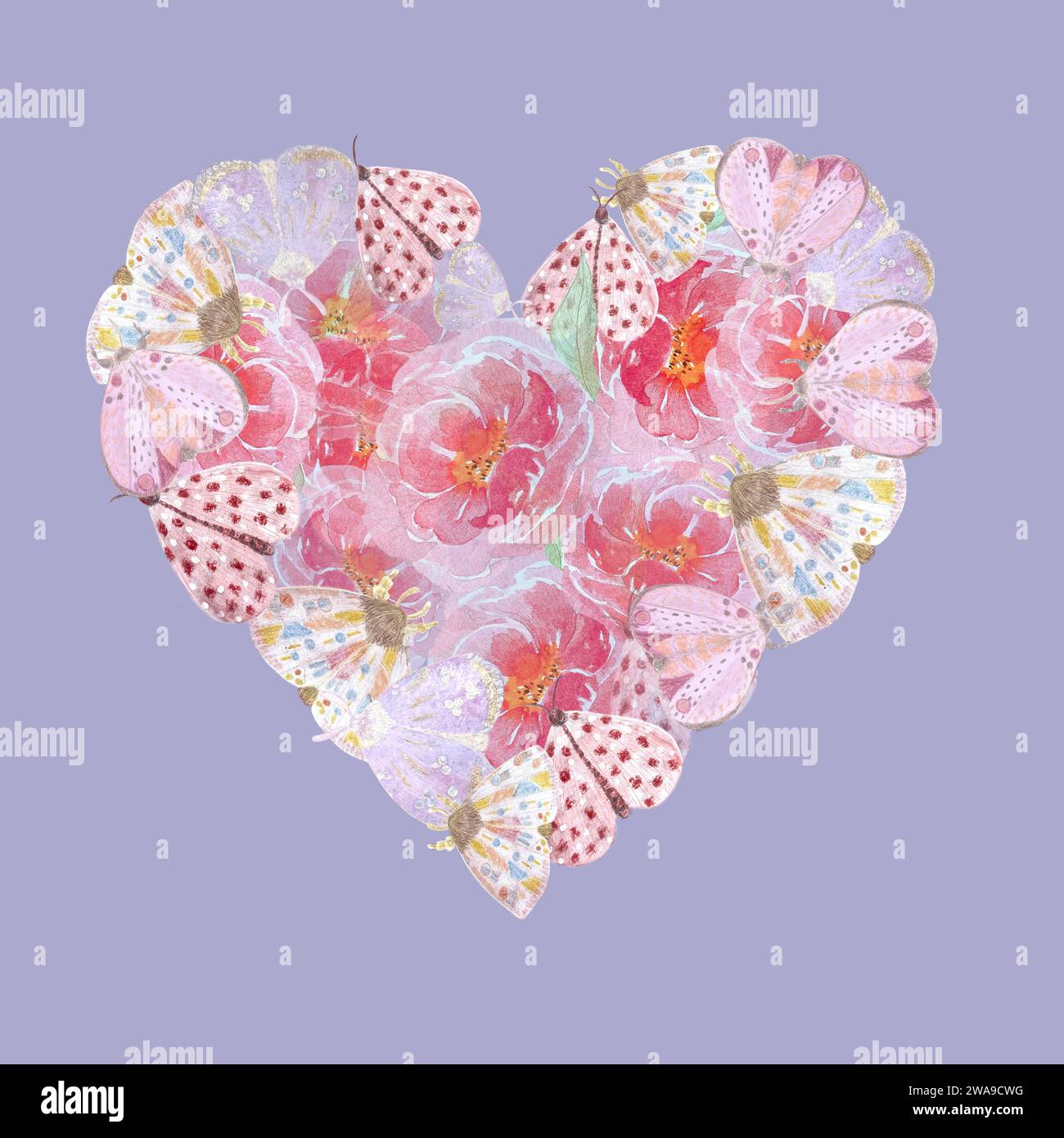 Hand painted watercolor delicate butterflies peonies heart Stock Photo ...