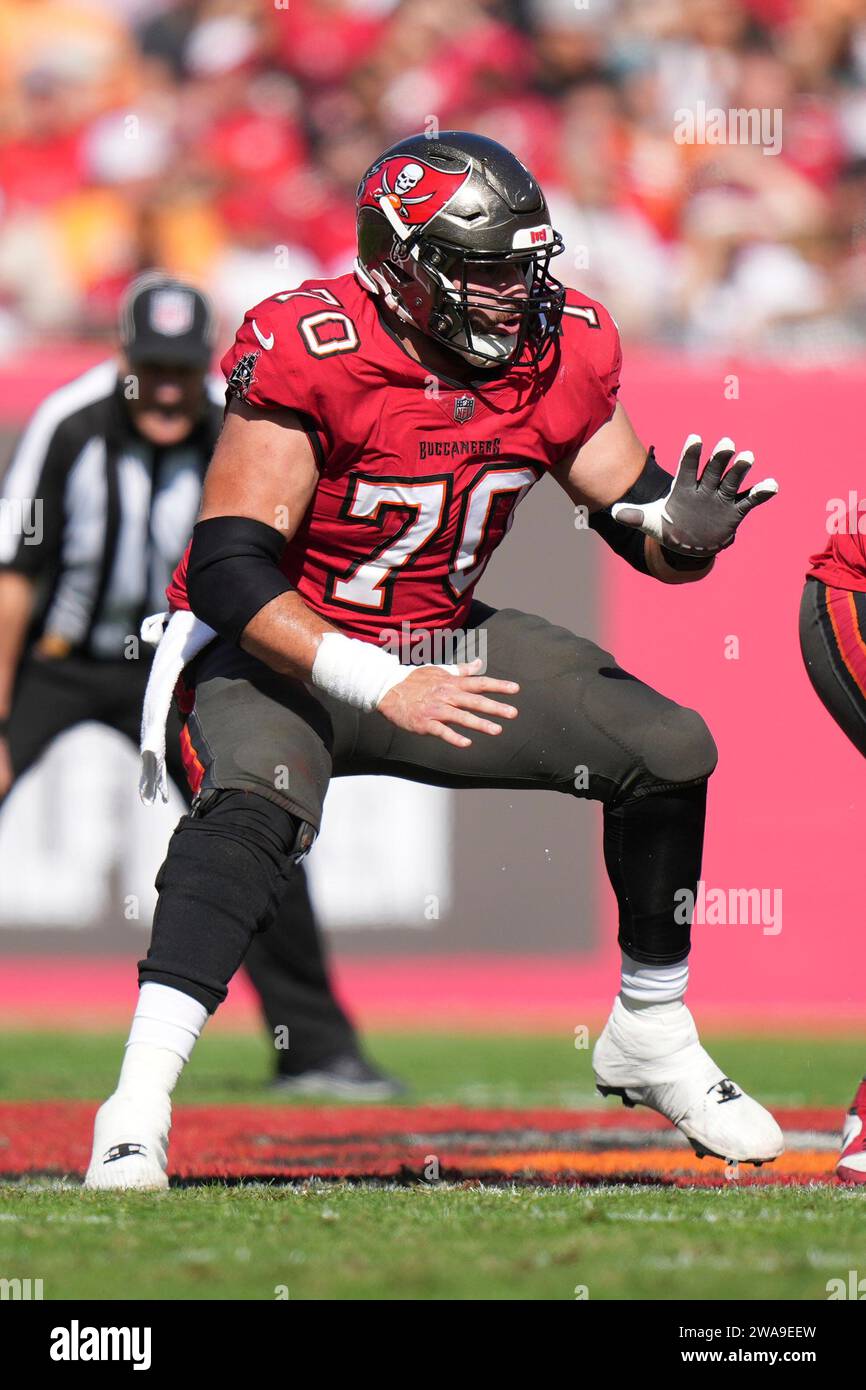 Tampa Bay Buccaneers center Robert Hainsey (70) protects the passer ...