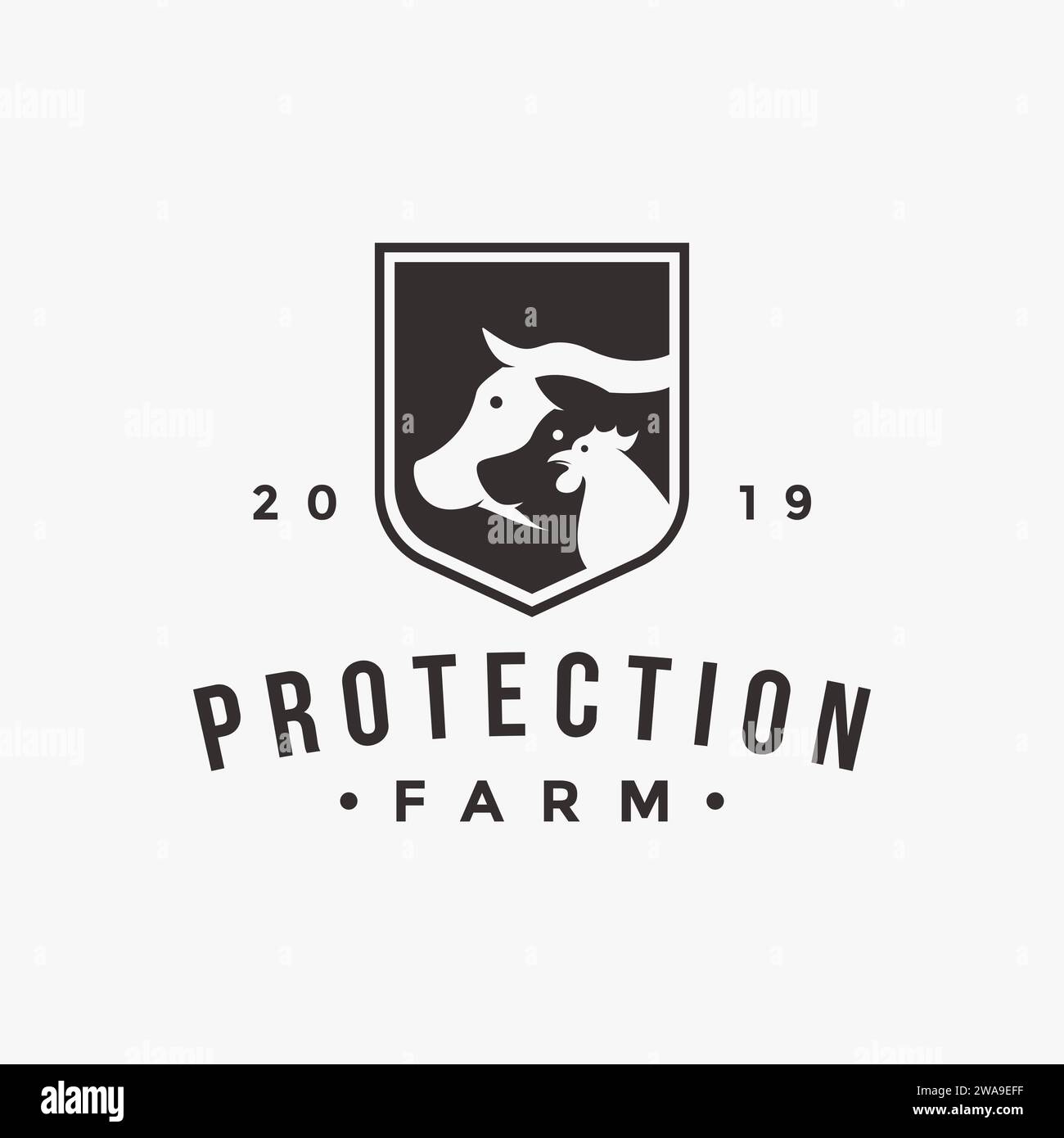cow, pig and rooster in the shield, farm and barn protection logo ...