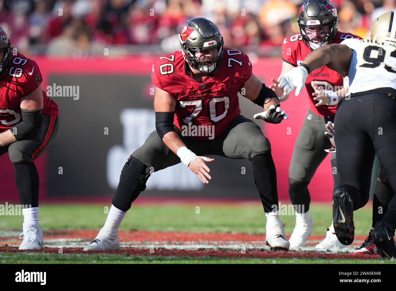 Tampa Bay Buccaneers center Robert Hainsey (70) protects the passer ...